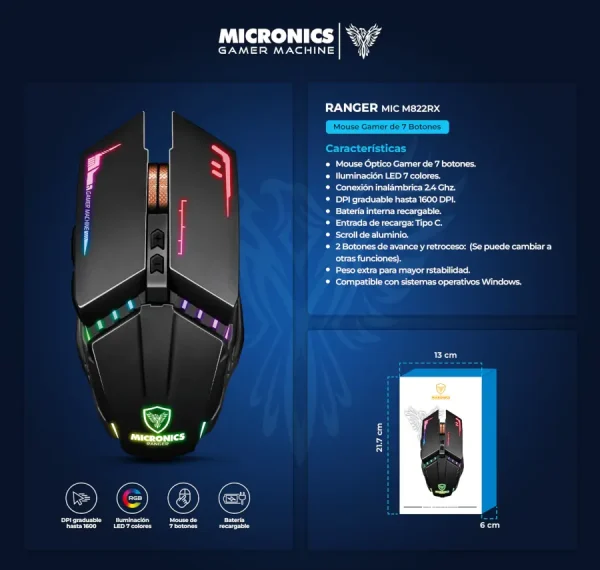 Mouse Gamer Inalámbrico MICRONICS RANGER RX – MIC-M822RX – SelesTIal